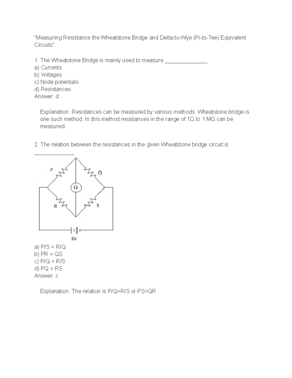 Electric circuit - “Measuring Resistance the Wheatstone Bridge and ...