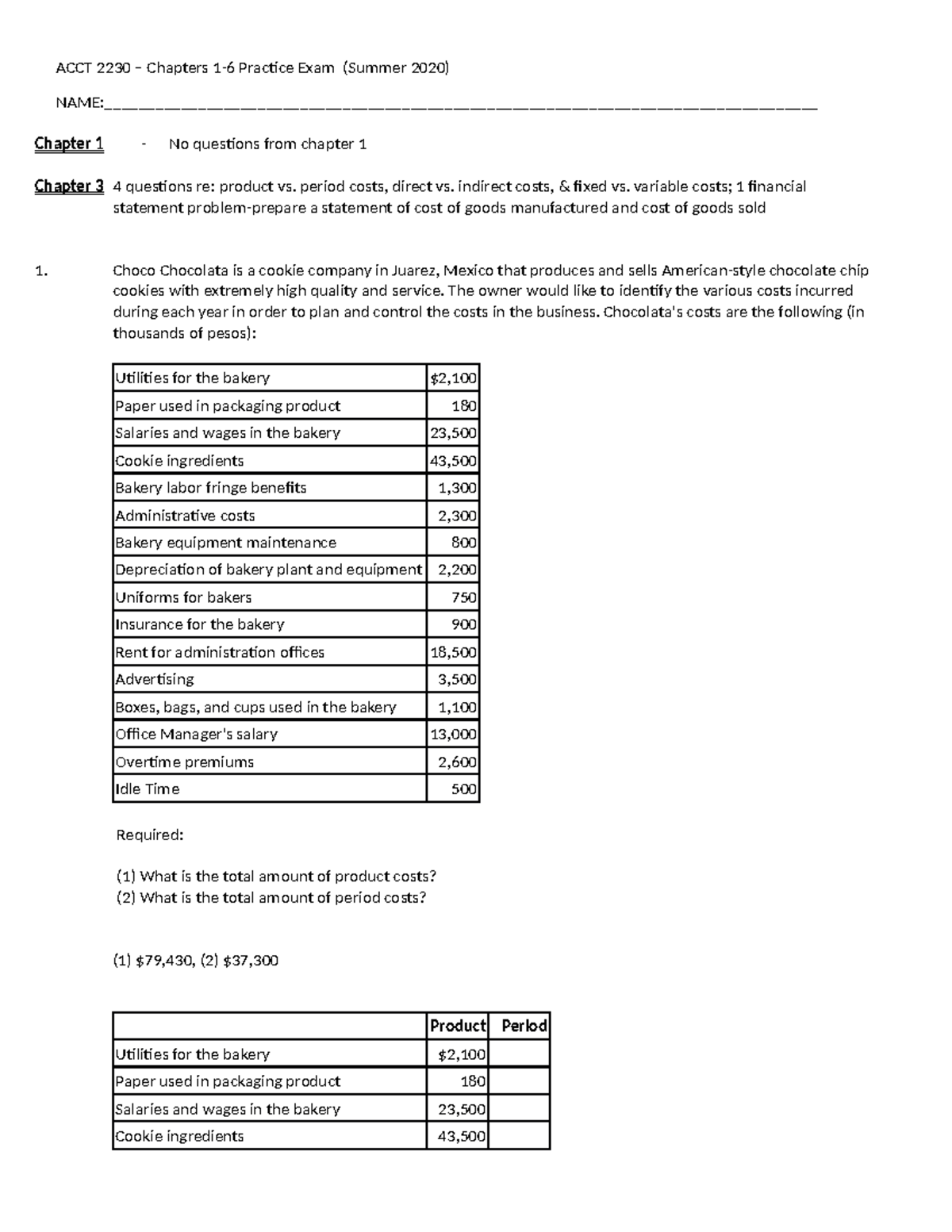 Chapters 1-6 Practice Exam Solutions 1 - ACCT 2230 – Chapters 1-6 ...