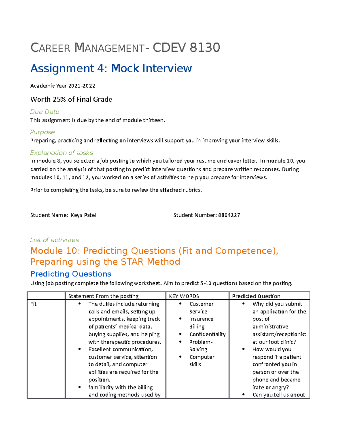 CDEV8130 Keya Patel Career Management Assignment 4 Mock Interview - CAREER MANAGEMENT- CDEV 8130 ...