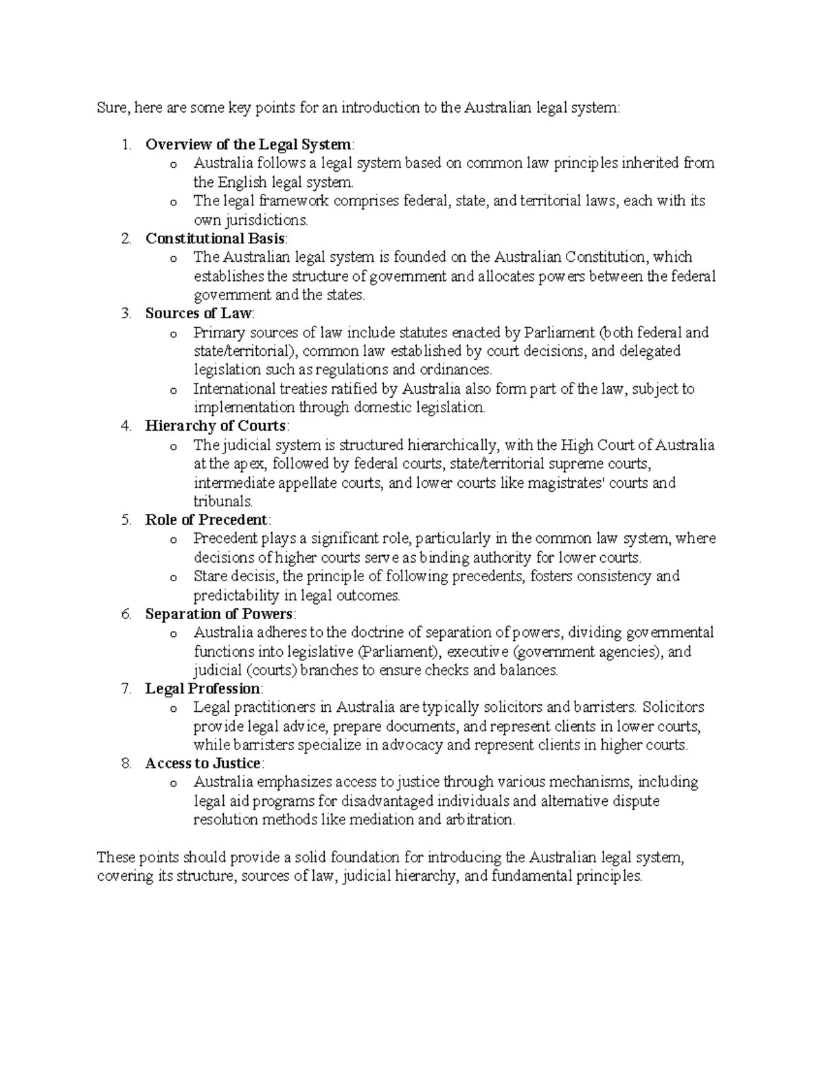 Intro to Australian legal system notes - Sure, here are some key points ...