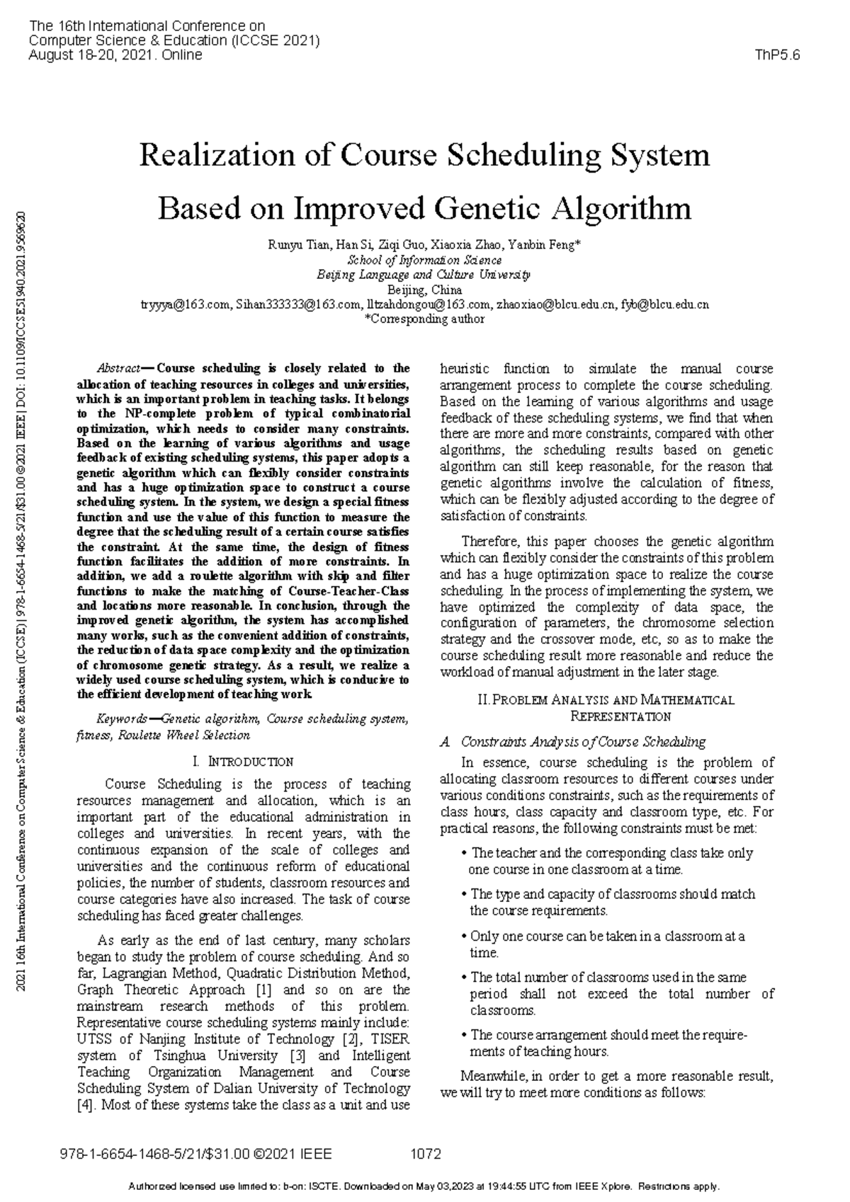 Realization Of Course Scheduling System Based On Improved Genetic Algorithm Edu Fyb