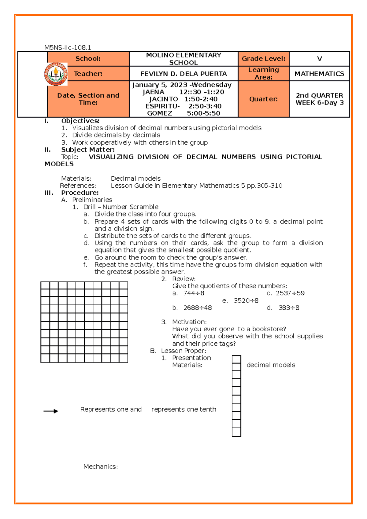 Q2 W6 D1 5 - LESSON PLAN - M5NS-IIc-108. School: MOLINO ELEMENTARY ...