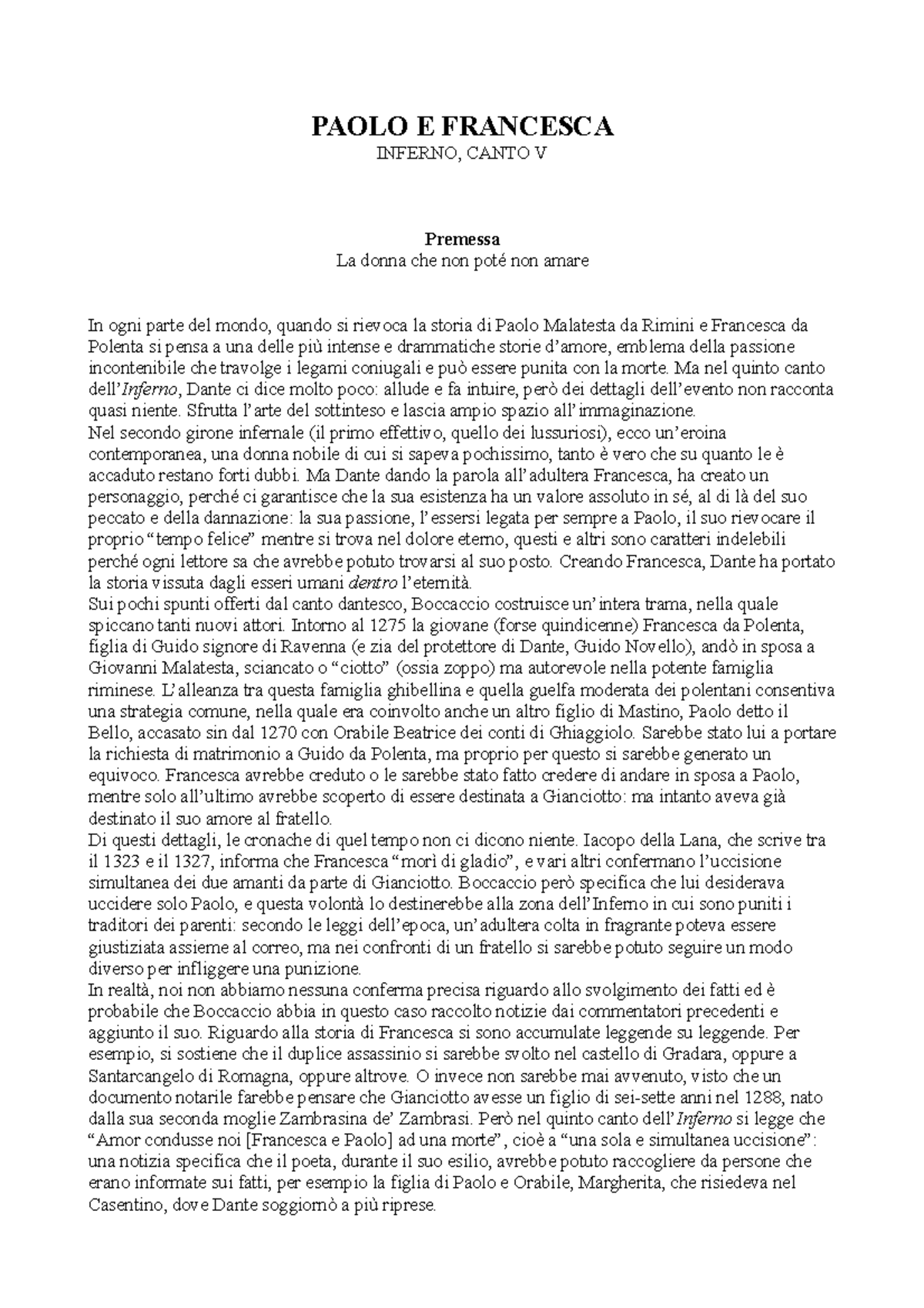 Paolo E Francesca - Riassunto premesse Canto V dell'inferno - PAOLO E ...