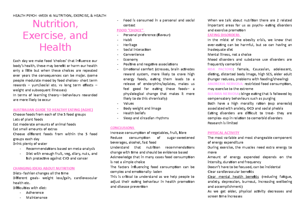 Week 6- Nutrition exercise and health - HEALTH PSYCH -WEEK 6: NUTRITION ...