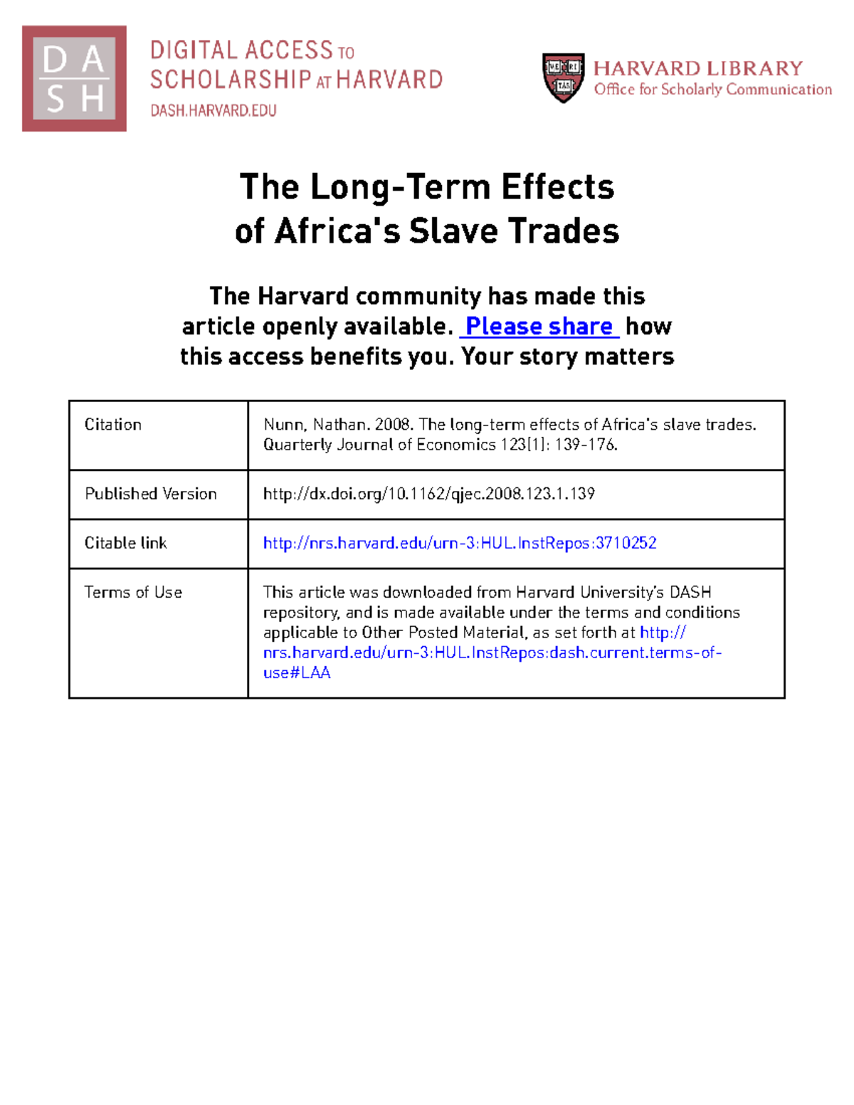 The Long-Term Effects of Africa's Slave Trades (Nunn, 2008 ) - The Long ...