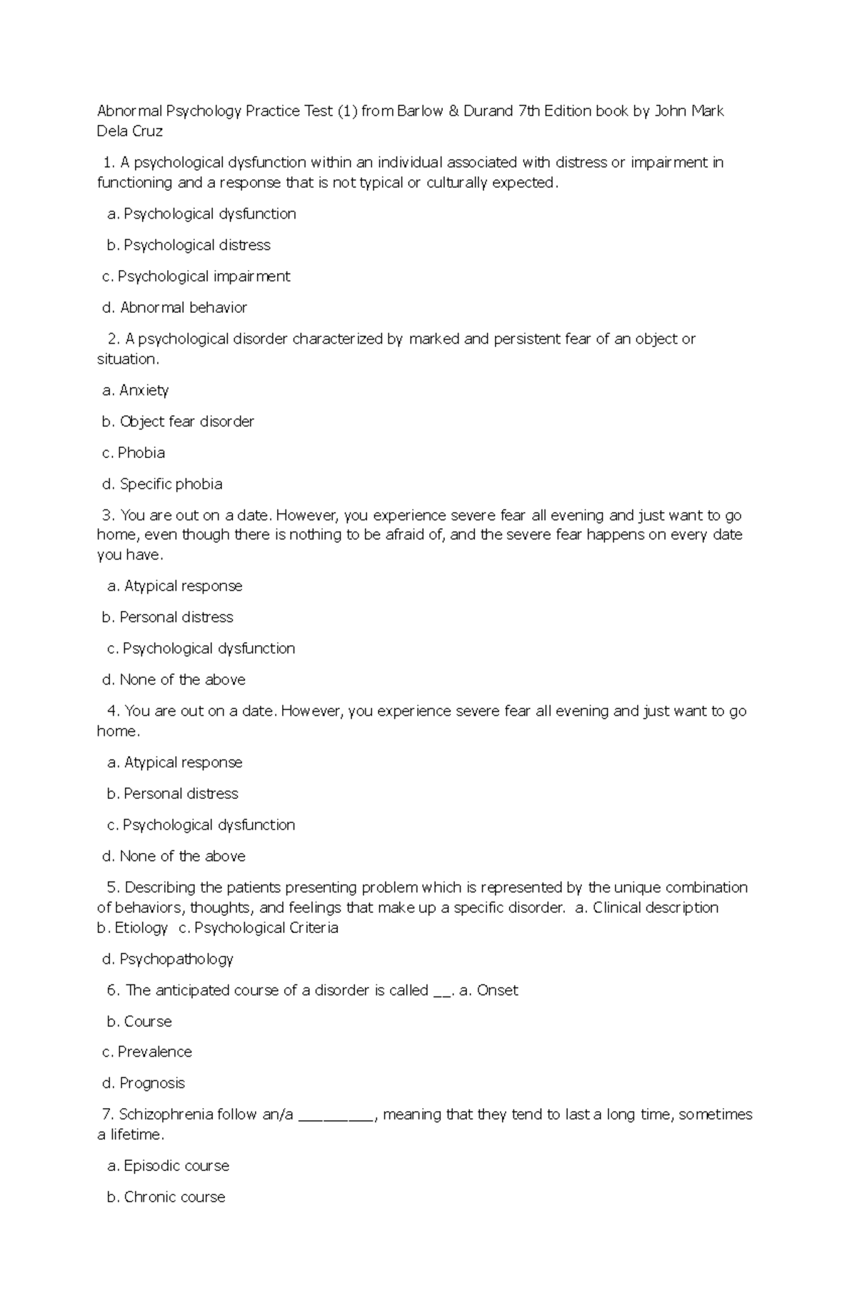 Abnormal Psychology Practice Test - A psychological dysfunction within ...