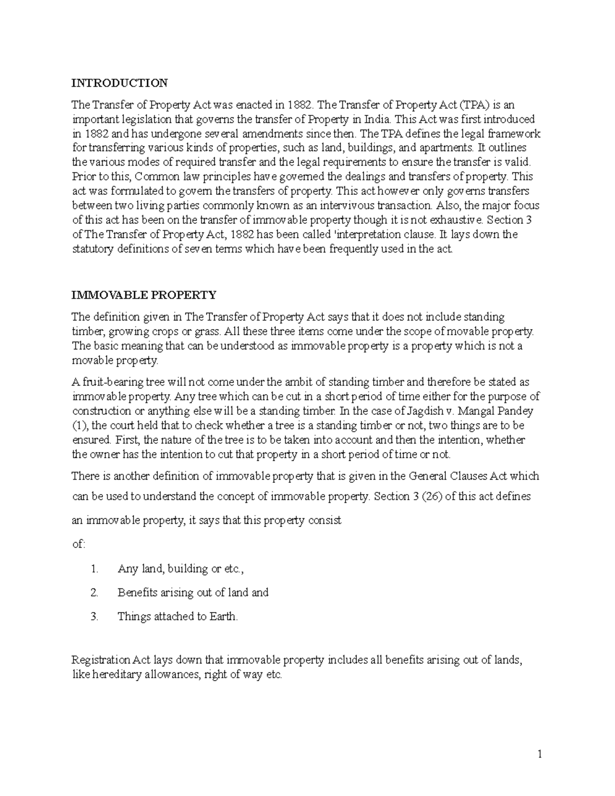 Mod 1 1 - Law of property notes - INTRODUCTION The Transfer of Property ...