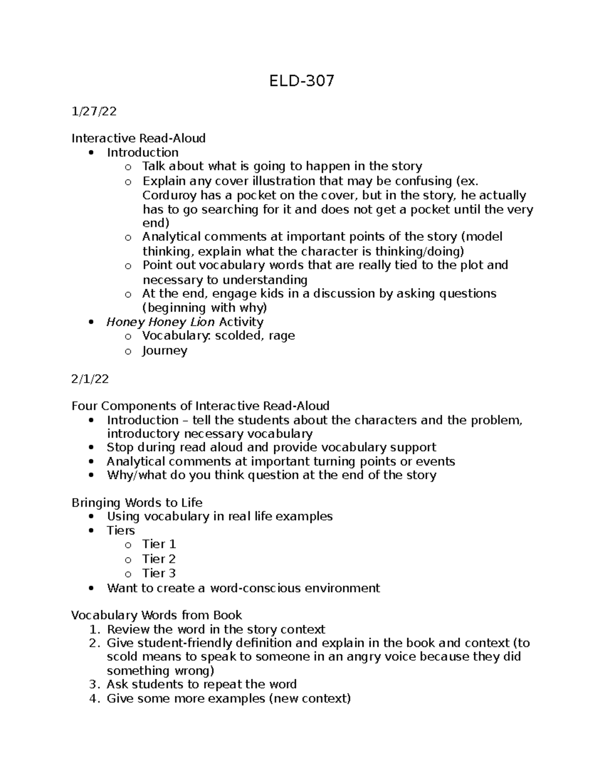 ELD 307 21/22 Notes - ELD- 1/27/ Interactive Read-Aloud Introduction o ...