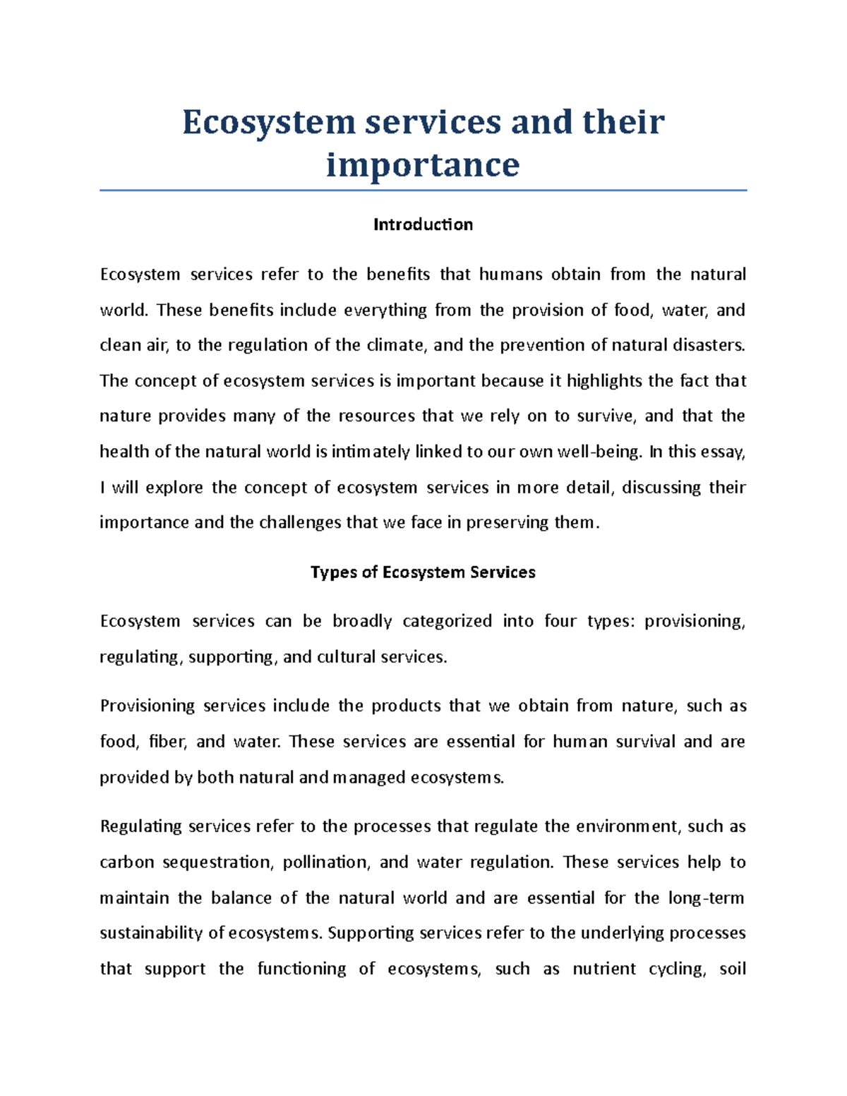 Ecosystem services and their importance - Ecosystem services and their ...