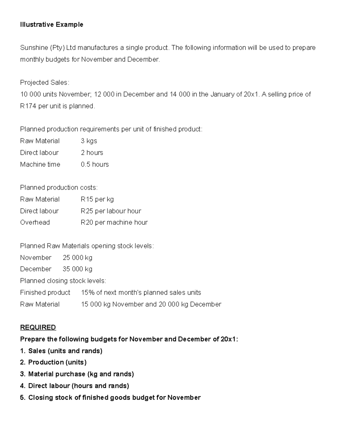 Illustrative Example on budgets - Illustrative Example Sunshine (Pty ...