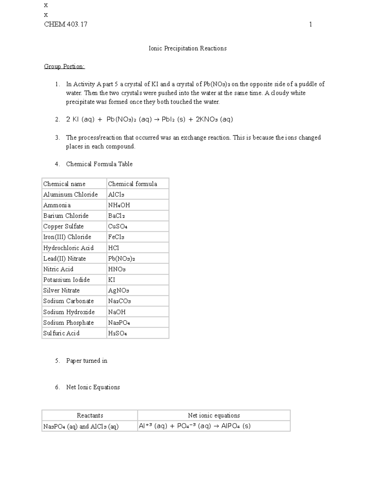 Chem lab 4 - Chemistry Lab 4: Ionic Precipitation Reactions - x x CHEM ...