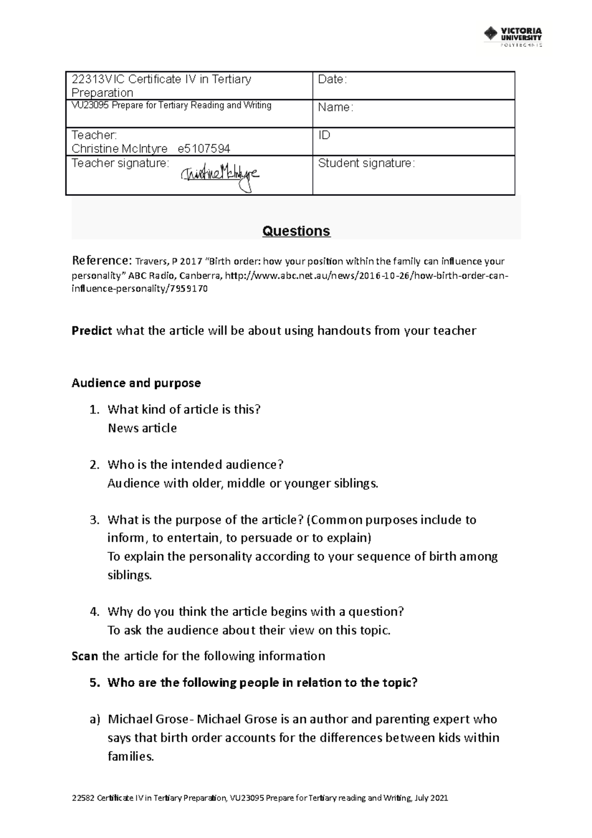 Birth Order ABC questions - RBM1180 - VU - Studocu