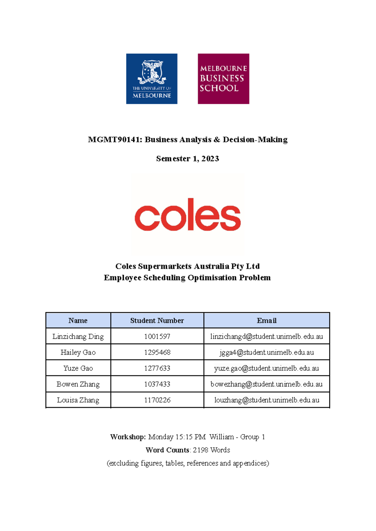 Assignment 1 - Coles Employee Scheduling Problem - MGMT90141: Business Analysis & - Studocu