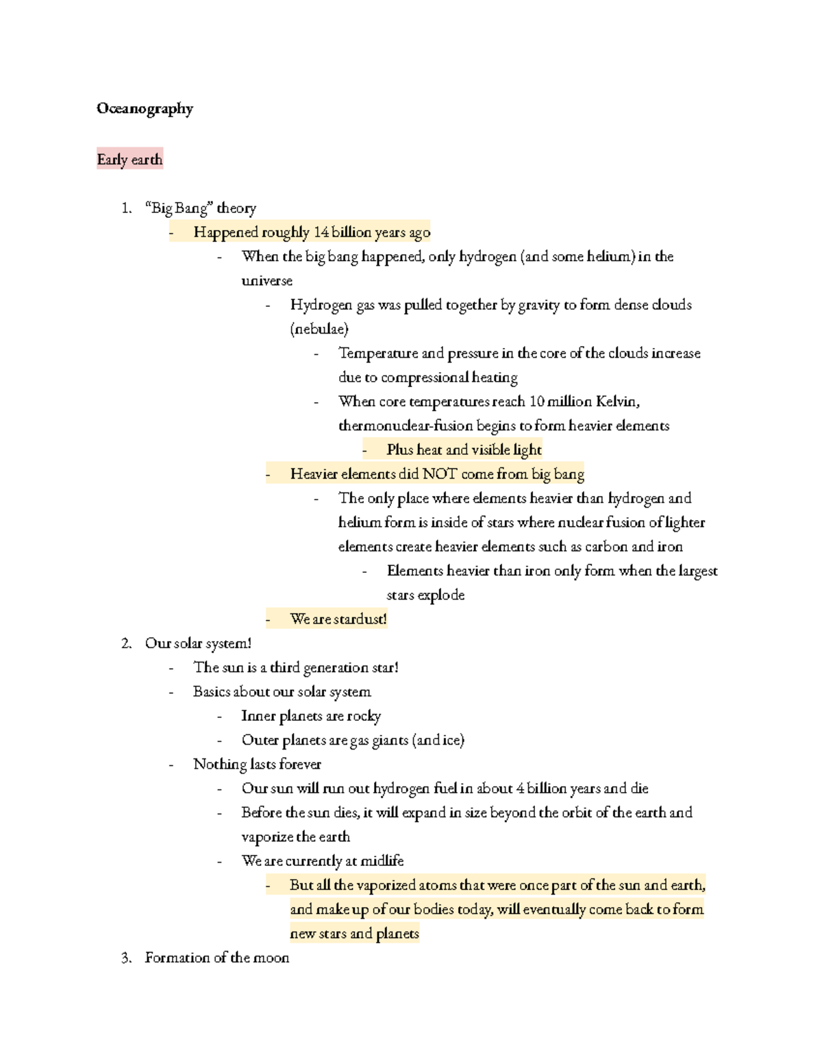 Oceanography notes - Prelim 1 study mat - Oceanography Early earth “Big ...