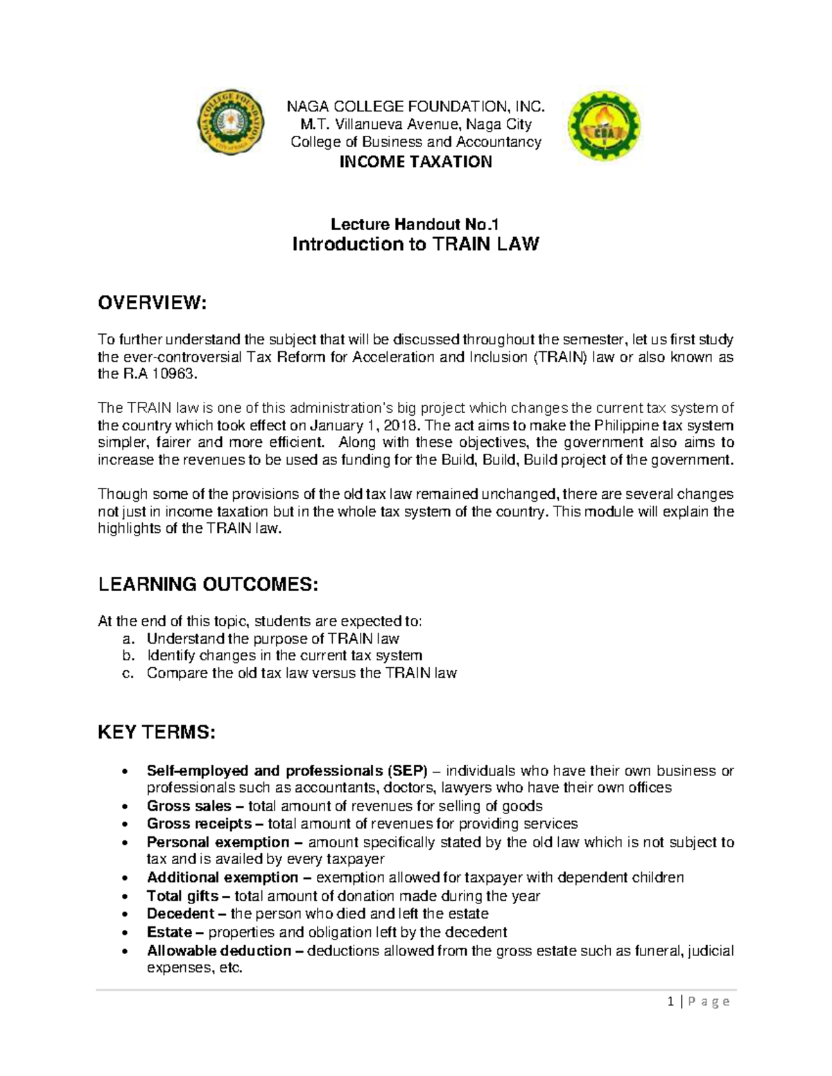 Train law taxation - NAGA COLLEGE FOUNDATION, INC. M. Villanueva Avenue ...