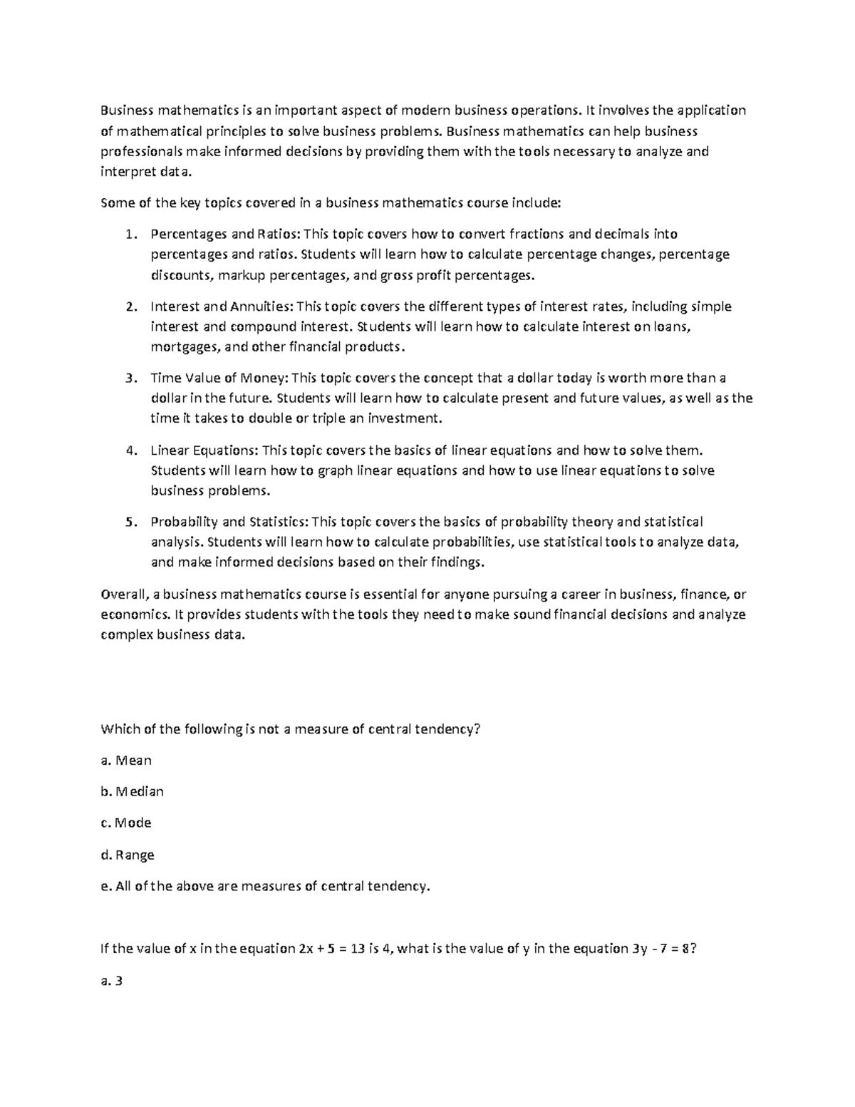 Business matematics - It involves the application of mathematical ...