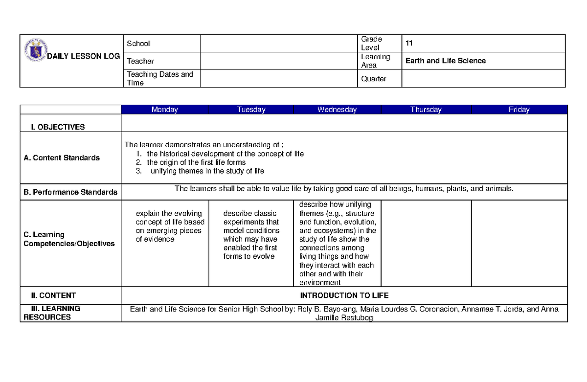 429387829 Grade 11 2nd Quarter Earth and Life Science - Monday Tuesday ...