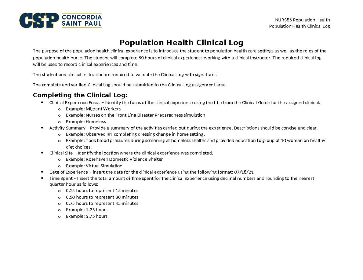 NUR 388 Clinical Log - NUR388 Population Health Population Health ...