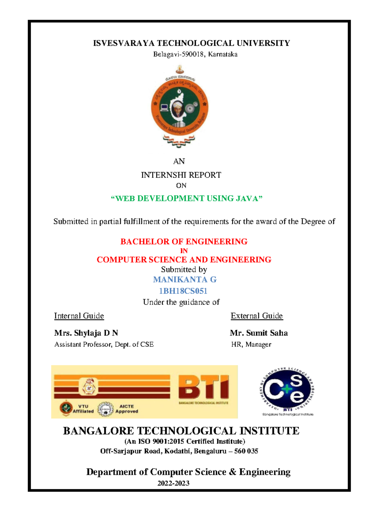 VTU FINAL YEAR REPORT - ISVESVARAYA TECHNOLOGICAL UNIVERSITY Belagavi ...