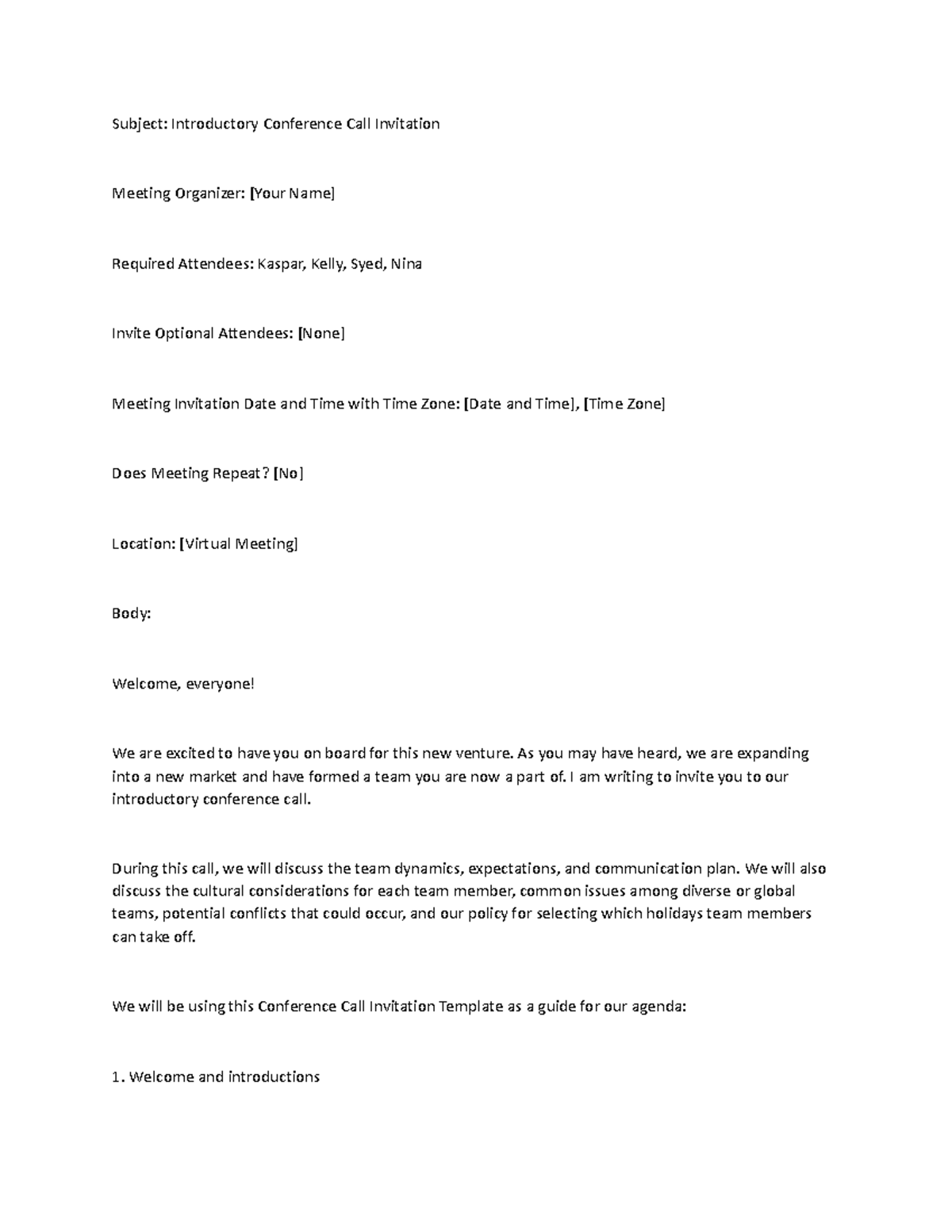 Email assignment - Subject: Introductory Conference Call Invitation ...