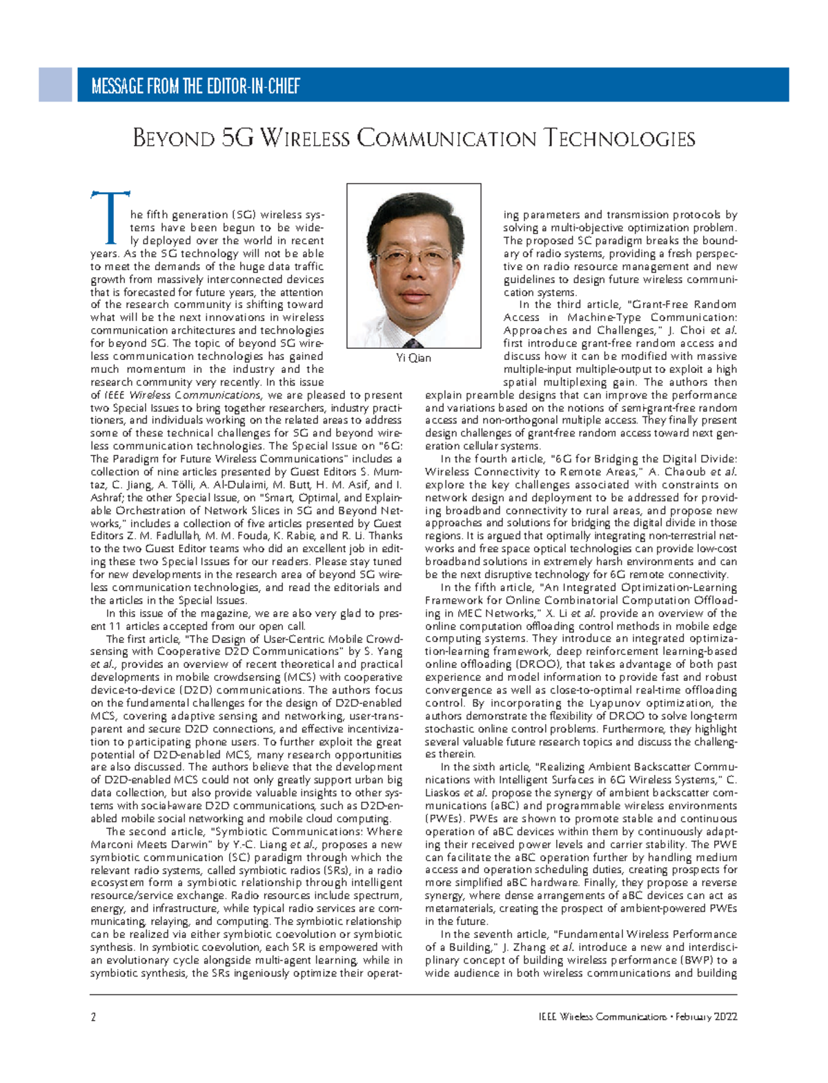 Beyond 5g Wireless Communication Technologies Message From The Editor In Chief 2 Ieee Wireless