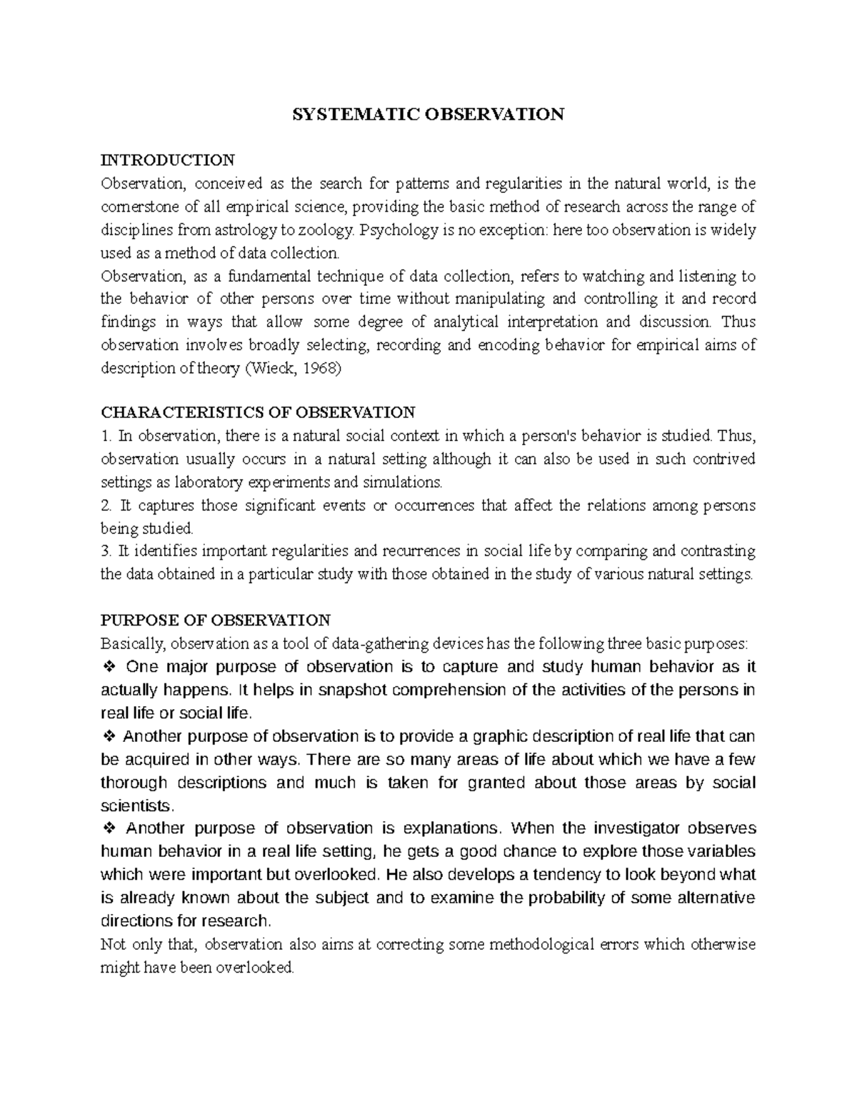 Observation - For journal work - SYSTEMATIC OBSERVATION INTRODUCTION ...