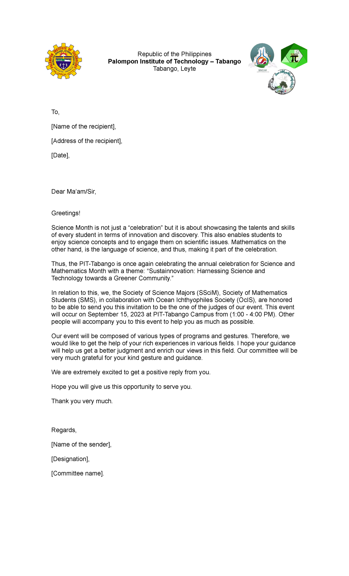 Invitation Letter FOR THE Judges - Republic of the Philippines Palompon ...