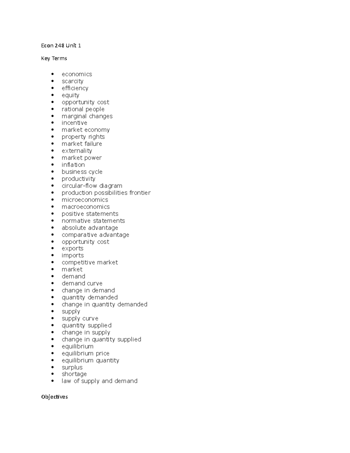 Econ Unit 1 Notes - Econ 248 Unit 1 Key Terms economics scarcity ...