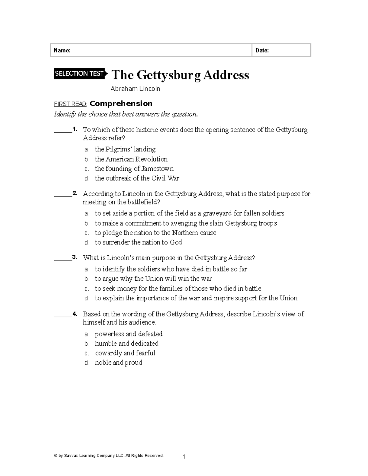 The Gettysburg Address for final - Name: Date: The Gettysburg Address ...