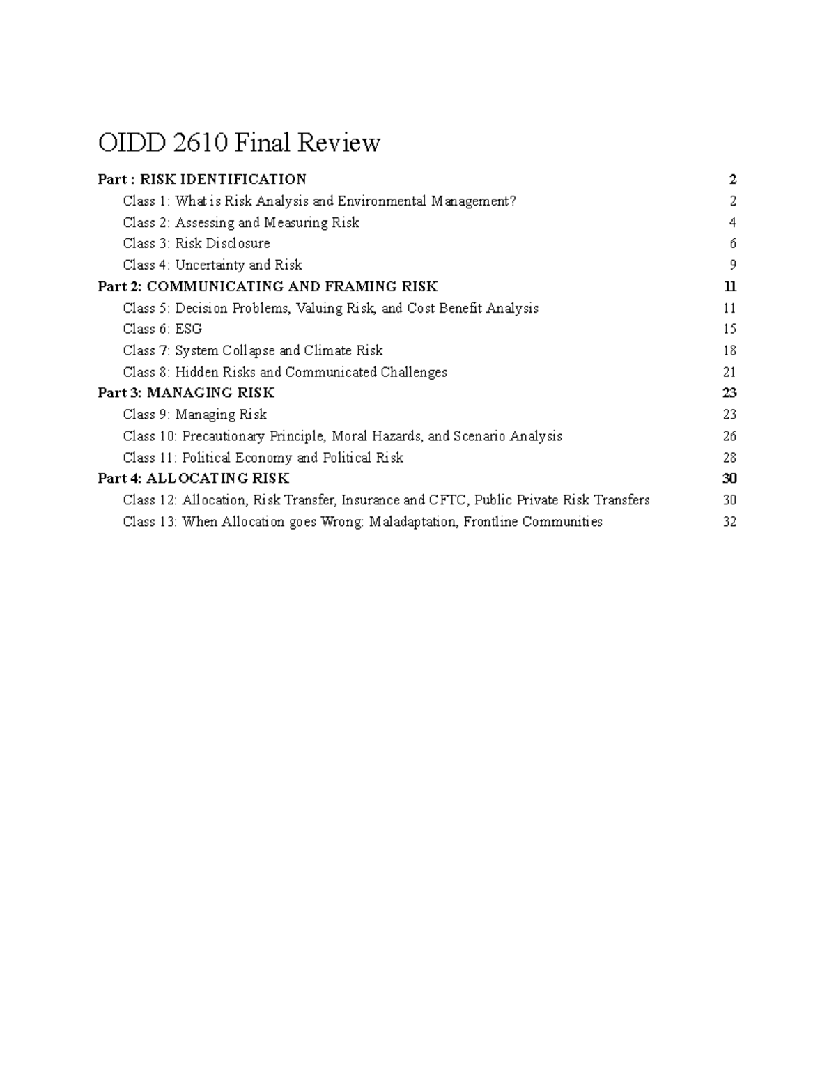OIDD 261 Final Review Document - OIDD 2610 Final Review Part : RISK ...
