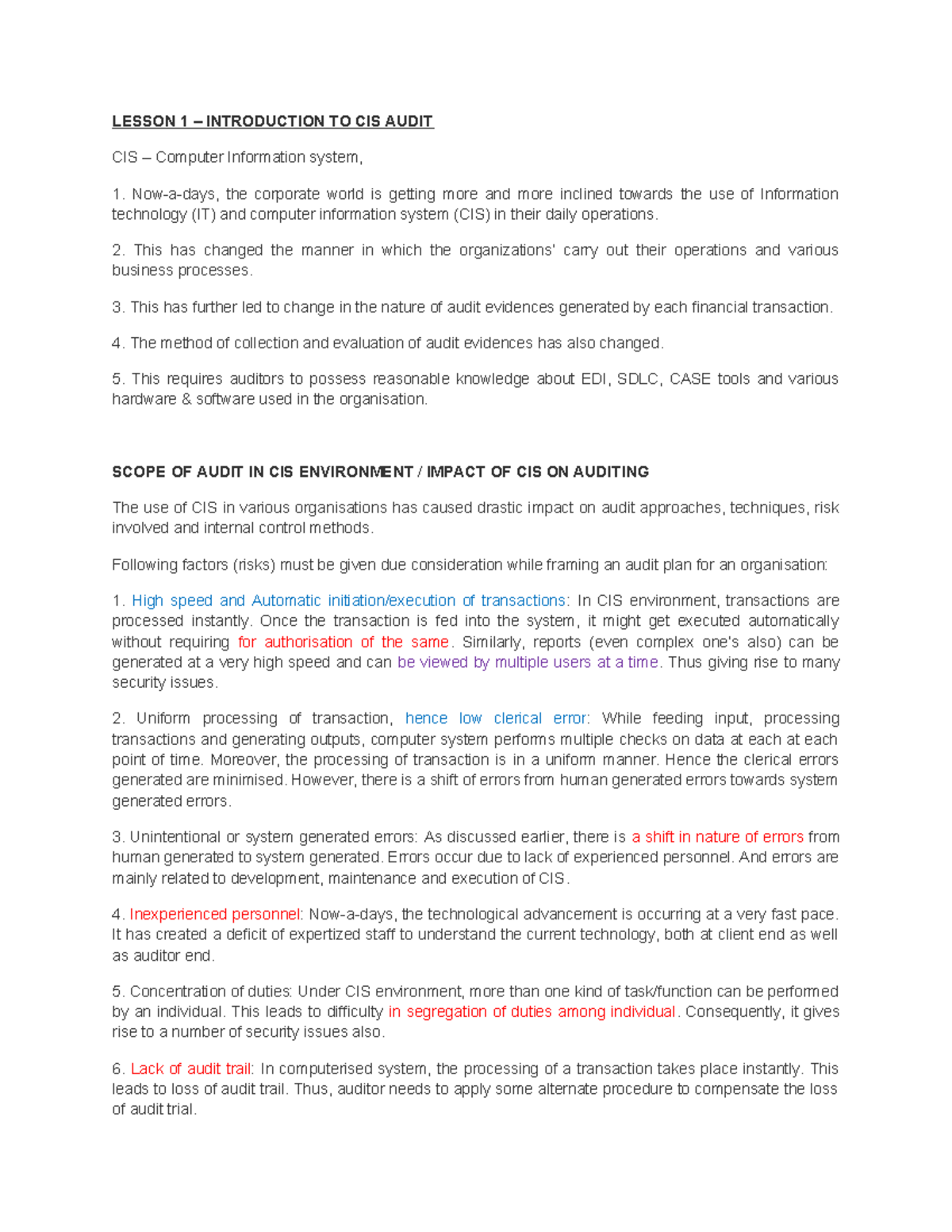 Lesson 1 Introduction CIS Audit - LESSON 1 – INTRODUCTION TO CIS AUDIT ...