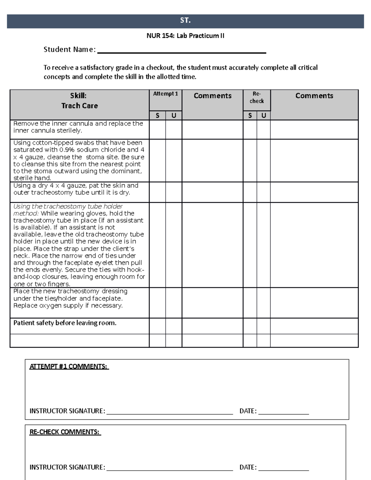(Lab) Trach Care Checkout - NUR 154: Lab Practicum II Student Name: To ...