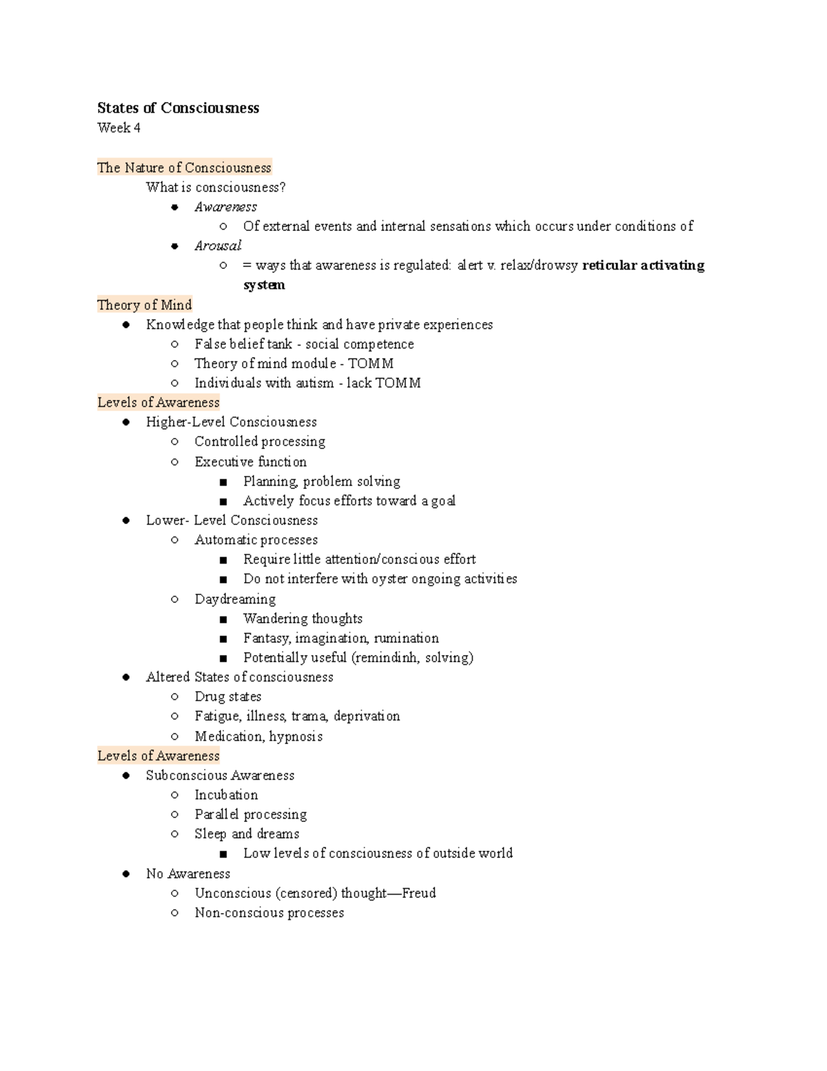 Chapter 4 - states of consciousness - States of Consciousness Week 4 ...