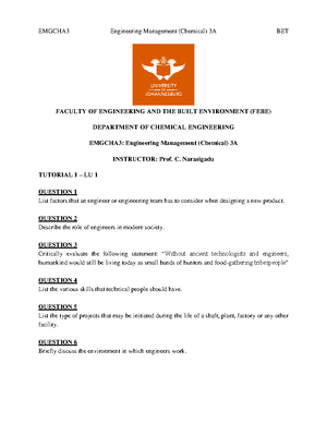 Tut 3 - Engineering management for chemical engineering - EMGCHA3 ...