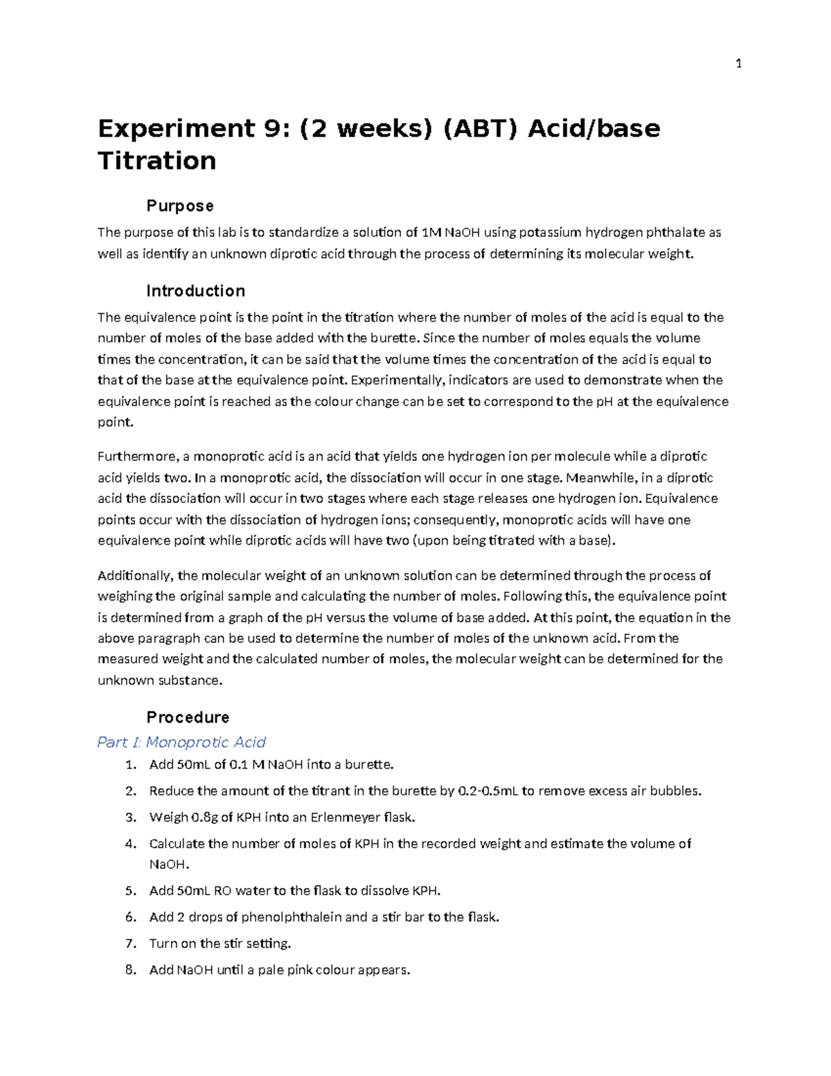 Acid base titration lab - Experiment 9: (2 weeks) (ABT) Acid/base ...