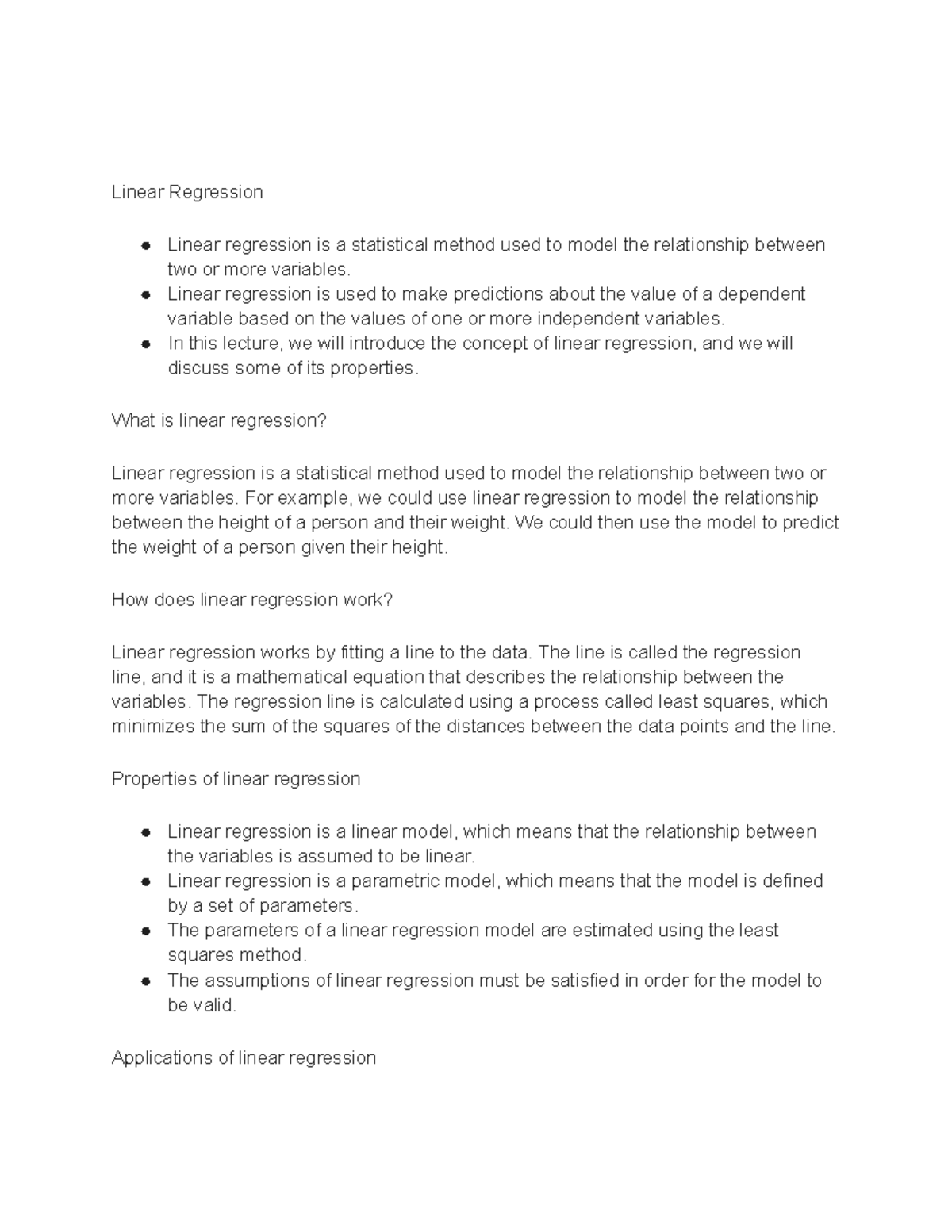Lecture note for Stat 351, Lecture 6 - Linear Regression Linear regression is a statistical ...