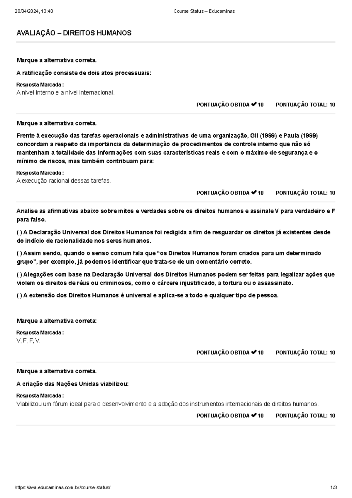 Course Status – Educaminas Direitos Humanos - 20/04/2024, 13:40 Course Status – Educaminas - Studocu