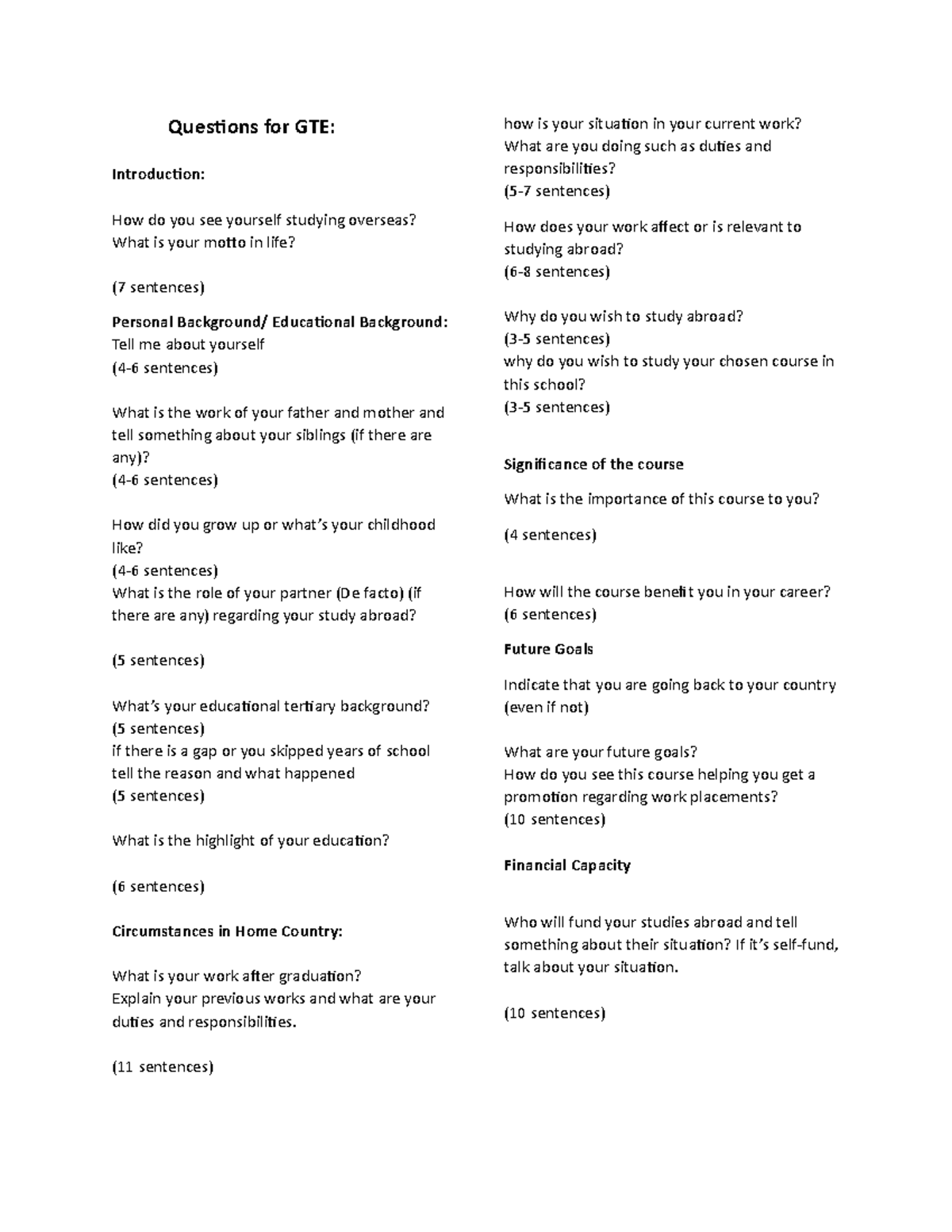 GTE- Questionnaires - Please check my attached file. - Questions for ...