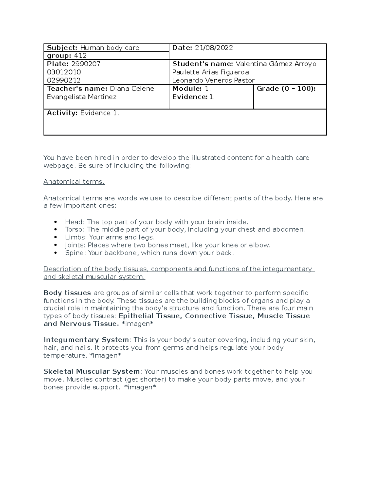 Human body care. Evidence 1 - Subject: Human body care Date: 21/08 ...
