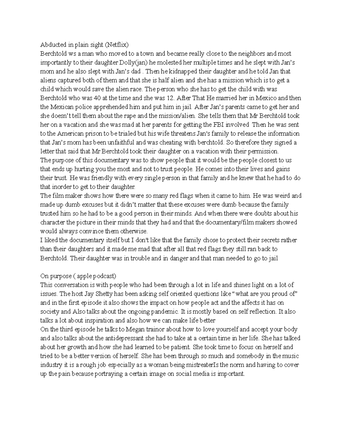 AP Summer reading Extra Credit - Abducted in plain sight (Netflix ...