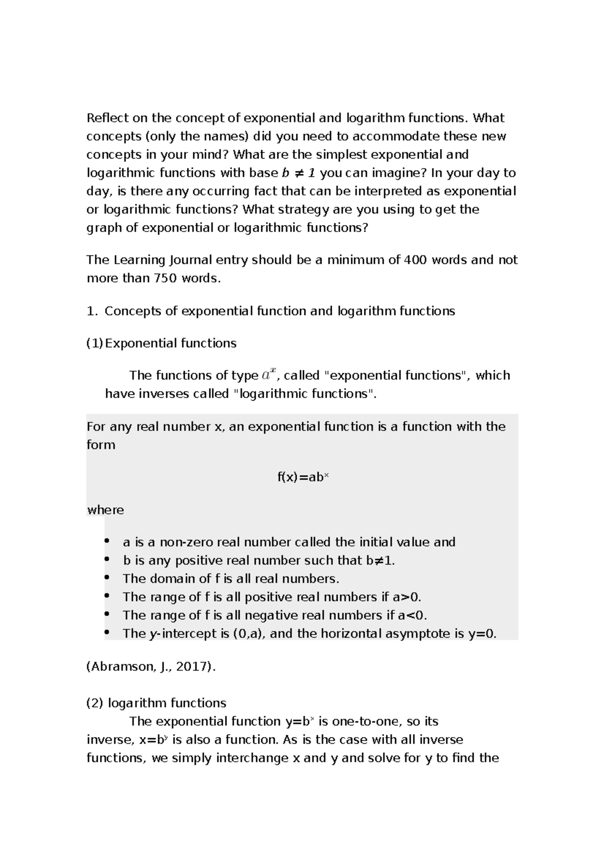 Math1201-01 unit5 learning assignment - Reflect on the concept of exponential and logarithm ...
