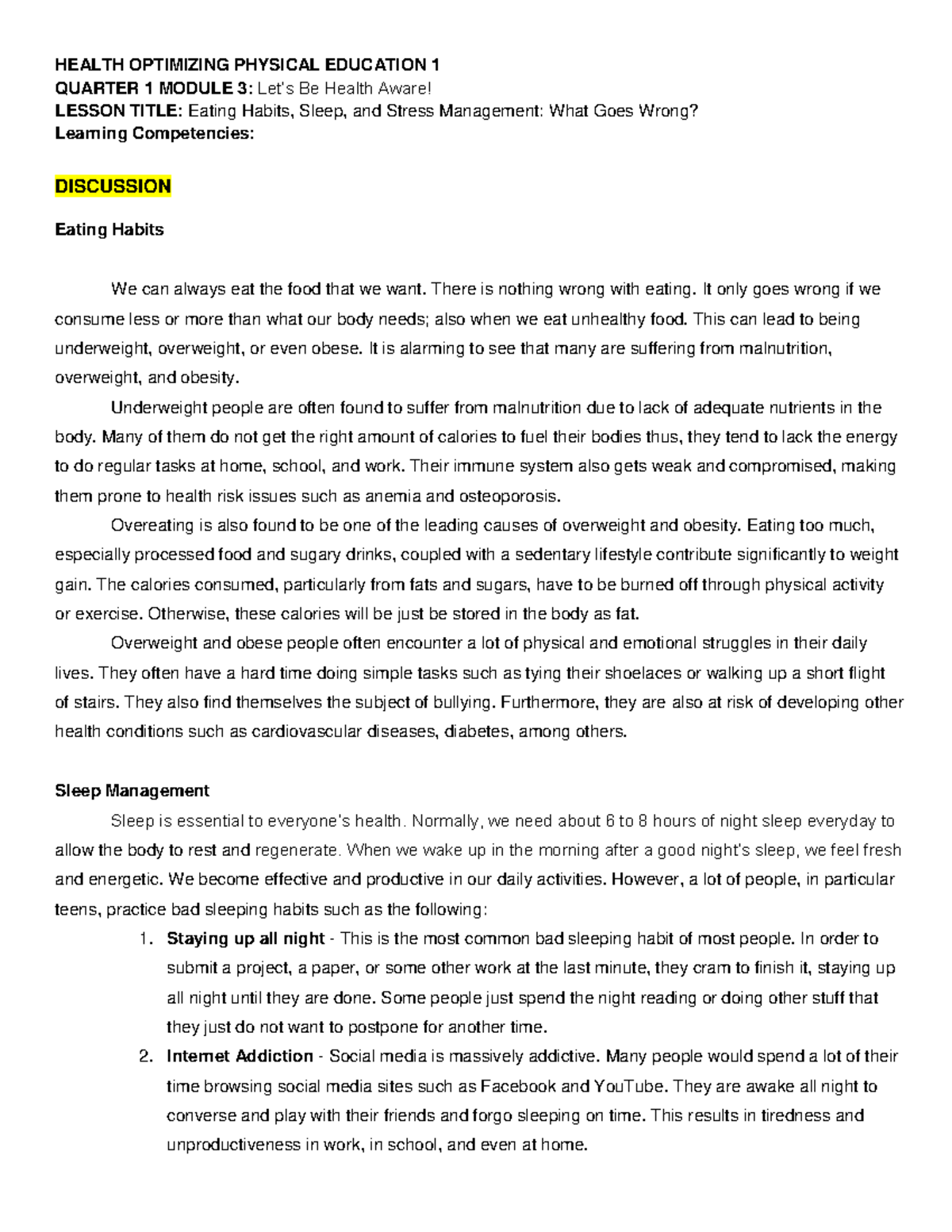 HOPE 1 Q1 L3 - HOPE 1 Q1 L3 - HEALTH OPTIMIZING PHYSICAL EDUCATION 1 QUARTER 1 MODULE 3: Let’s ...