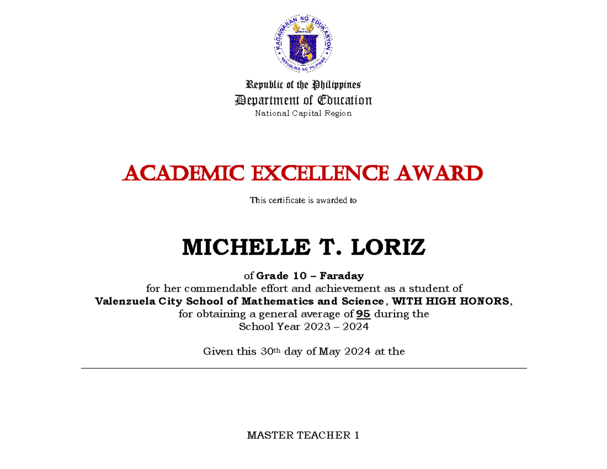 Certificate eosy academic excellence - Republic of the Philippines ...