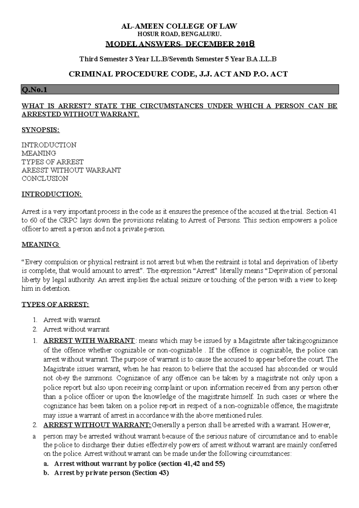 CRPC 2019 DEC A - Snsns - AL-AMEEN COLLEGE OF LAW HOSUR ROAD, BENGALURU ...