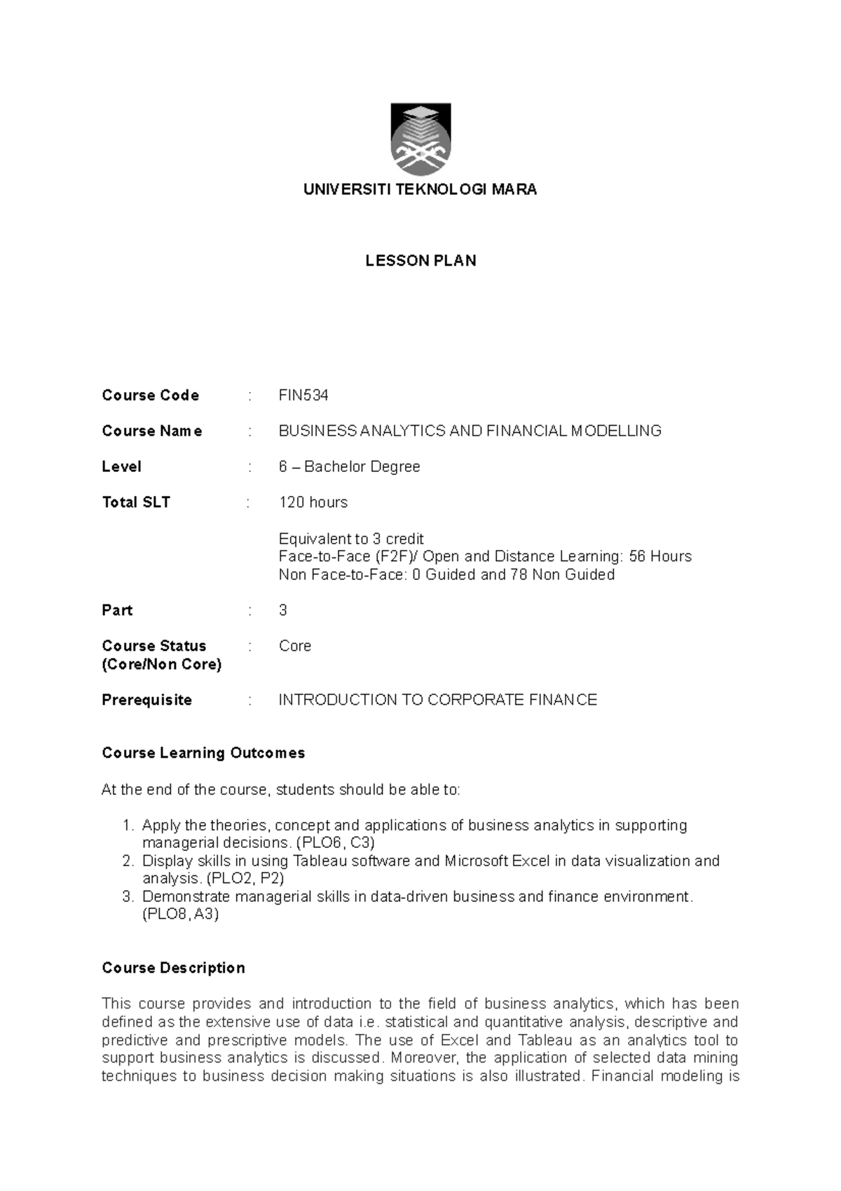 Lesson PLAN FIN534 ODL OCT 2021 - FEB 2022 - Business Analytics - UiTM ...