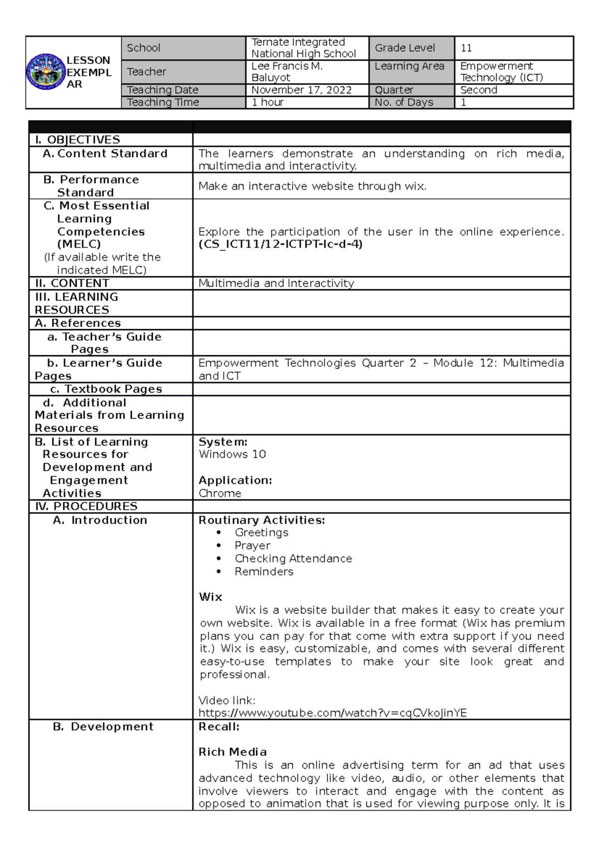 Ictlp 11172022 - ICT empowerment - LESSON EXEMPL AR School Ternate ...
