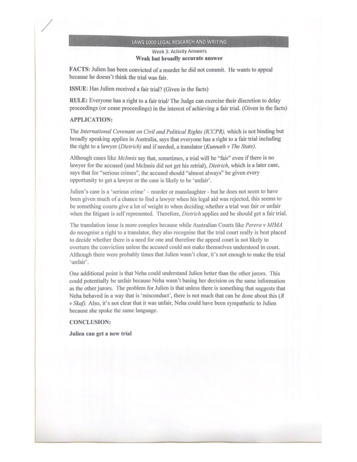 Week 3 - Draft solution to problem question - LAWS4101 - Studocu