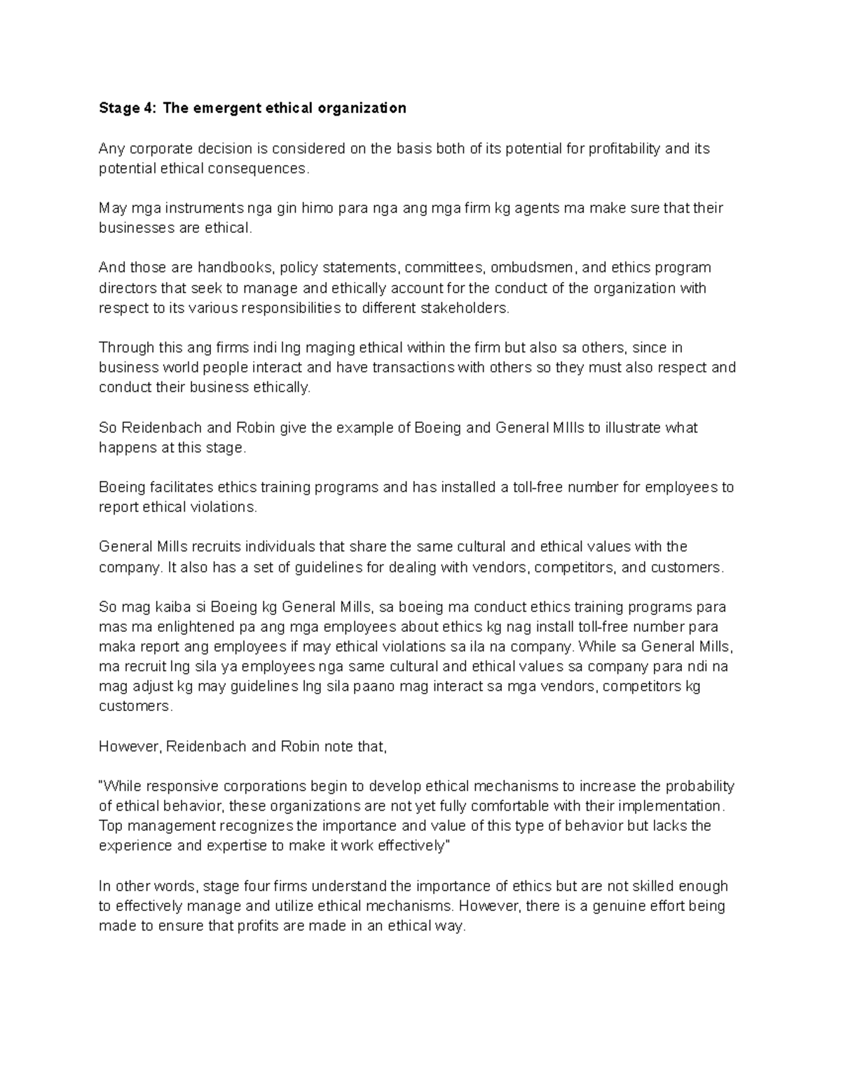 Ethics Reporting Script - Stage 4: The emergent ethical organization ...