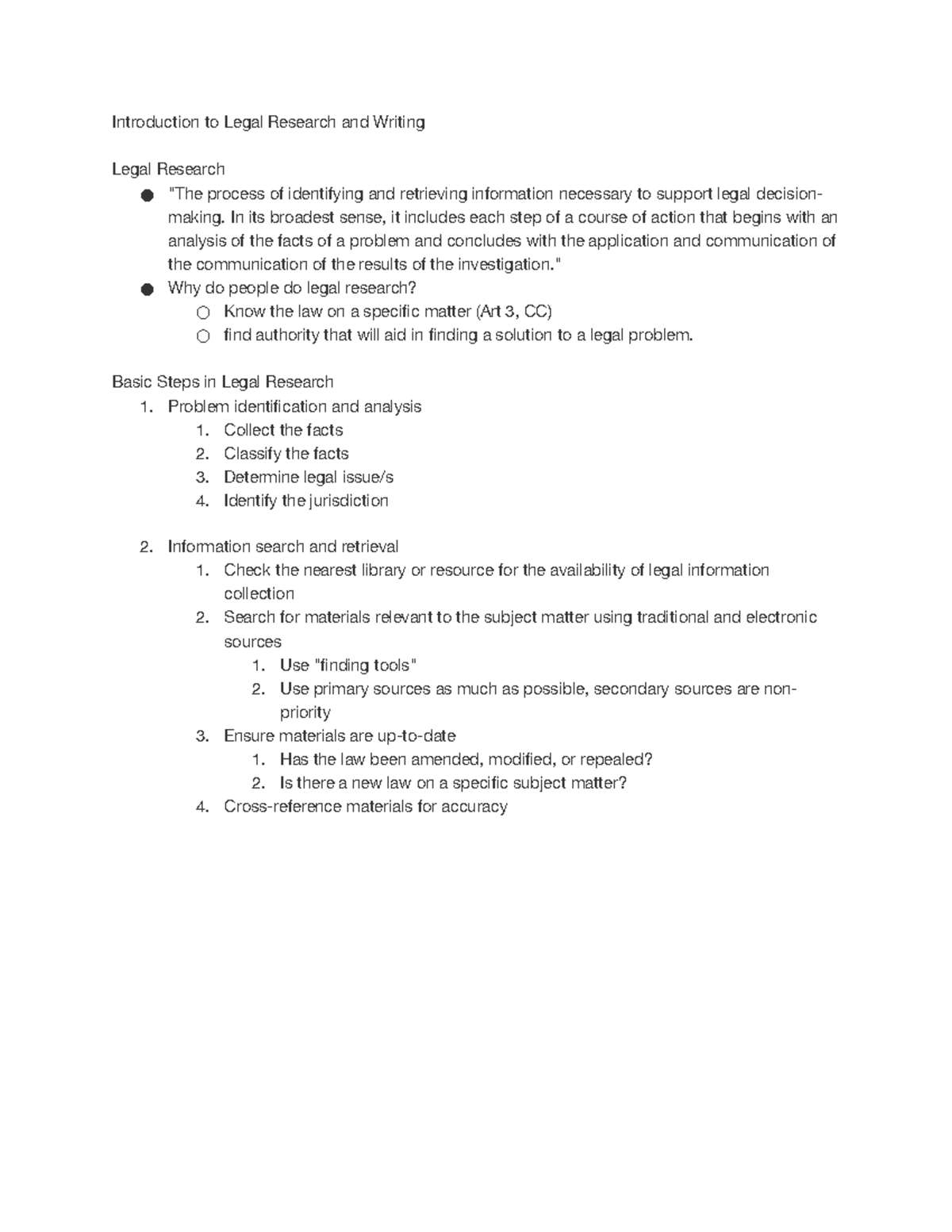 Legal Writing Notes - Introduction to Legal Research and Writing Legal ...