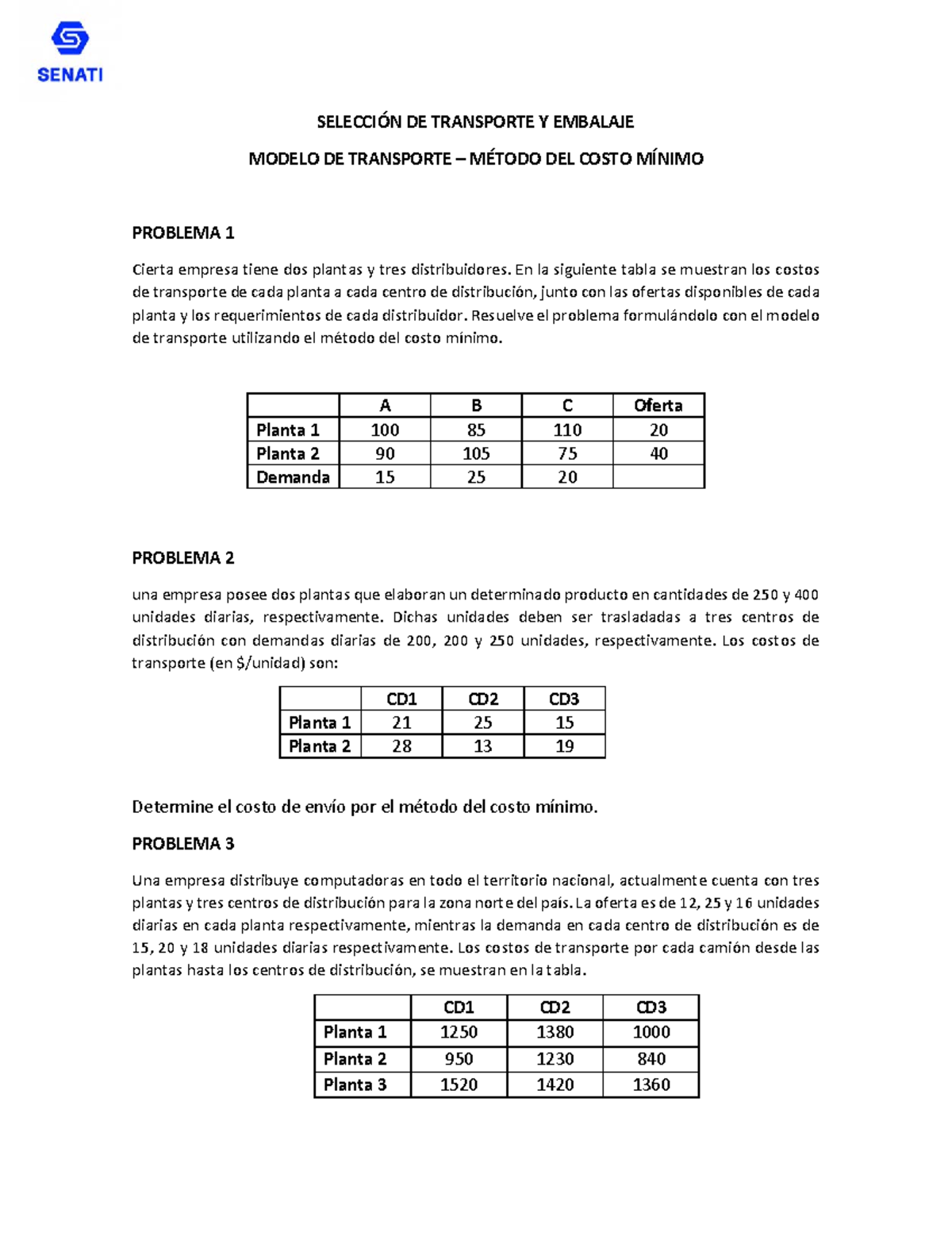 Metodo DEL Costo Minimo - SELECCI”N DE TRANSPORTE Y EMBALAJE MODELO DE TRANSPORTE ñ M.. DEL ...